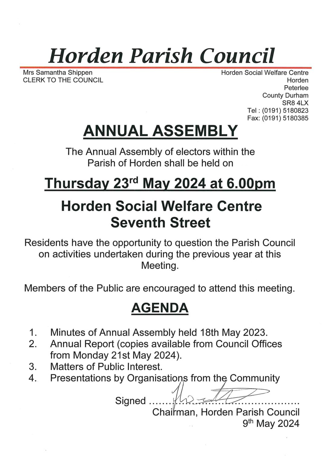Annual Assembly Invitation Thursday 23rd May 2024 - Horden Parish Council